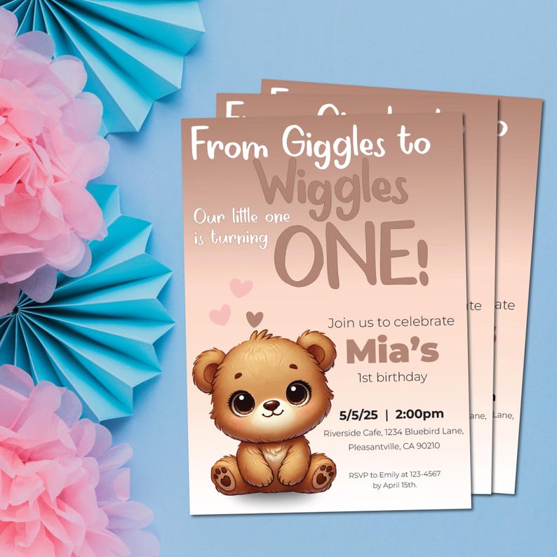 Cute Bear 1st Birthday Invitations | Giggles and Wiggles (digital ...