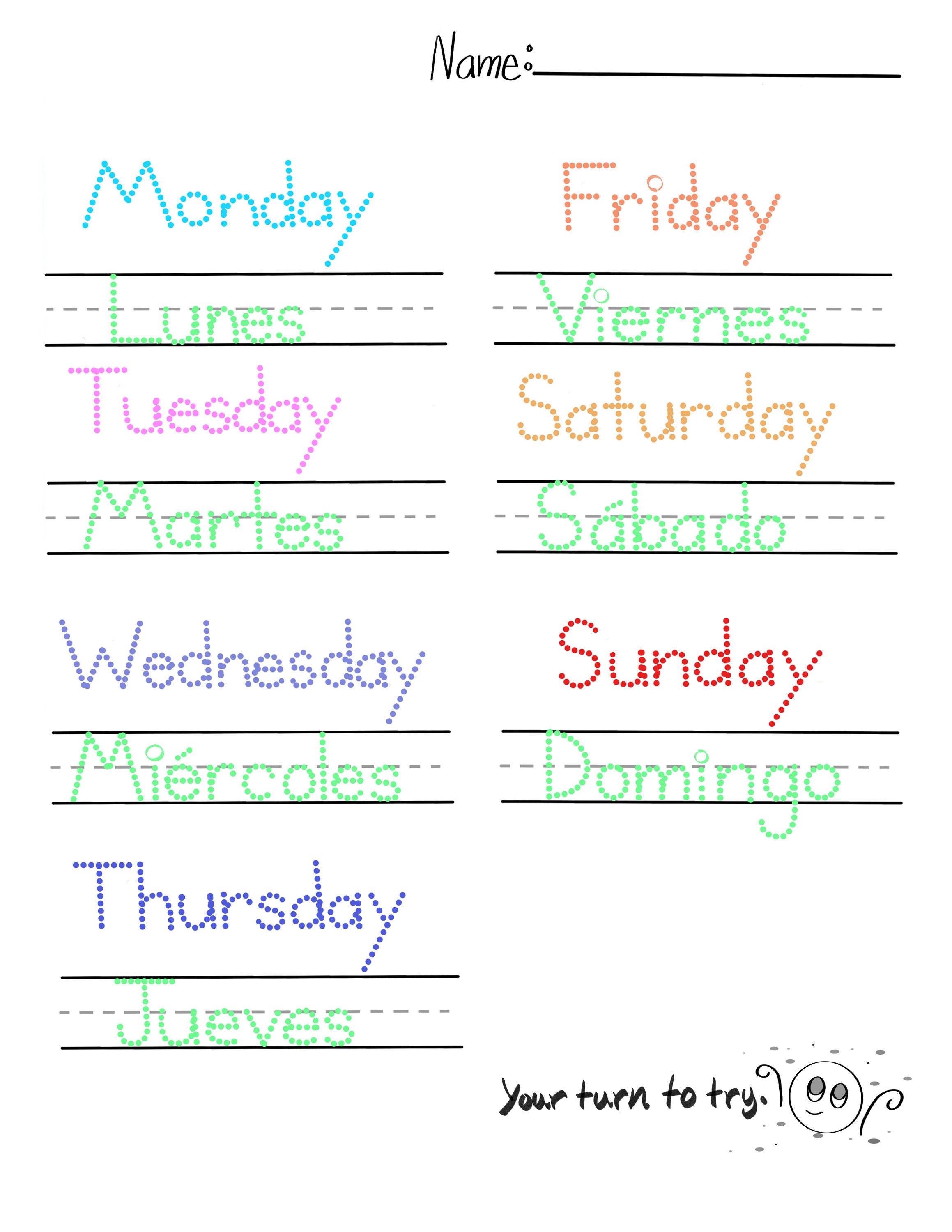 Spanish and English Translation Days of the Week Downloadable PDF ...