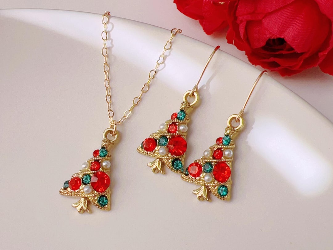 Christmas Dangle Earrings and Necklace Set 14k Gold Christmas Tree Drop ...
