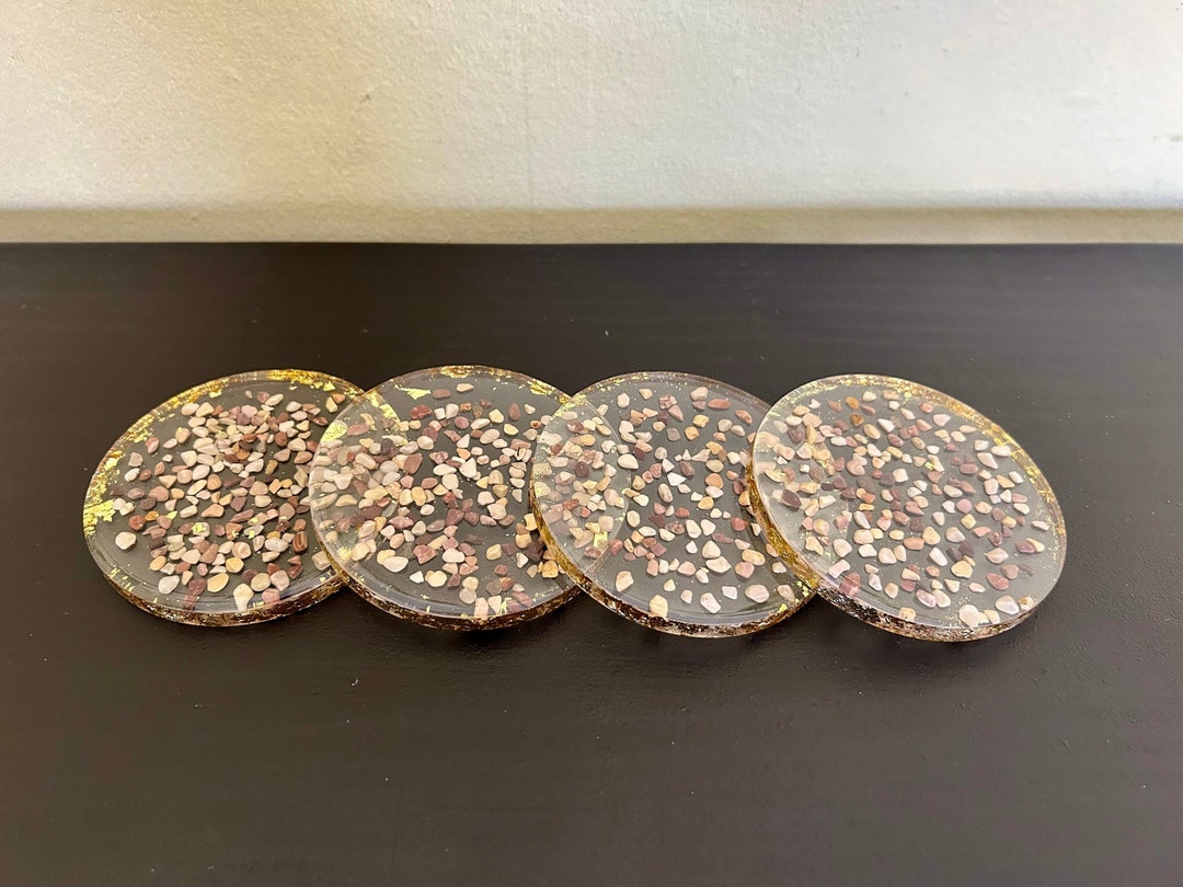 Resin Coasters With Pebbles, Gold Leaf Edges, Stone in Resin ...
