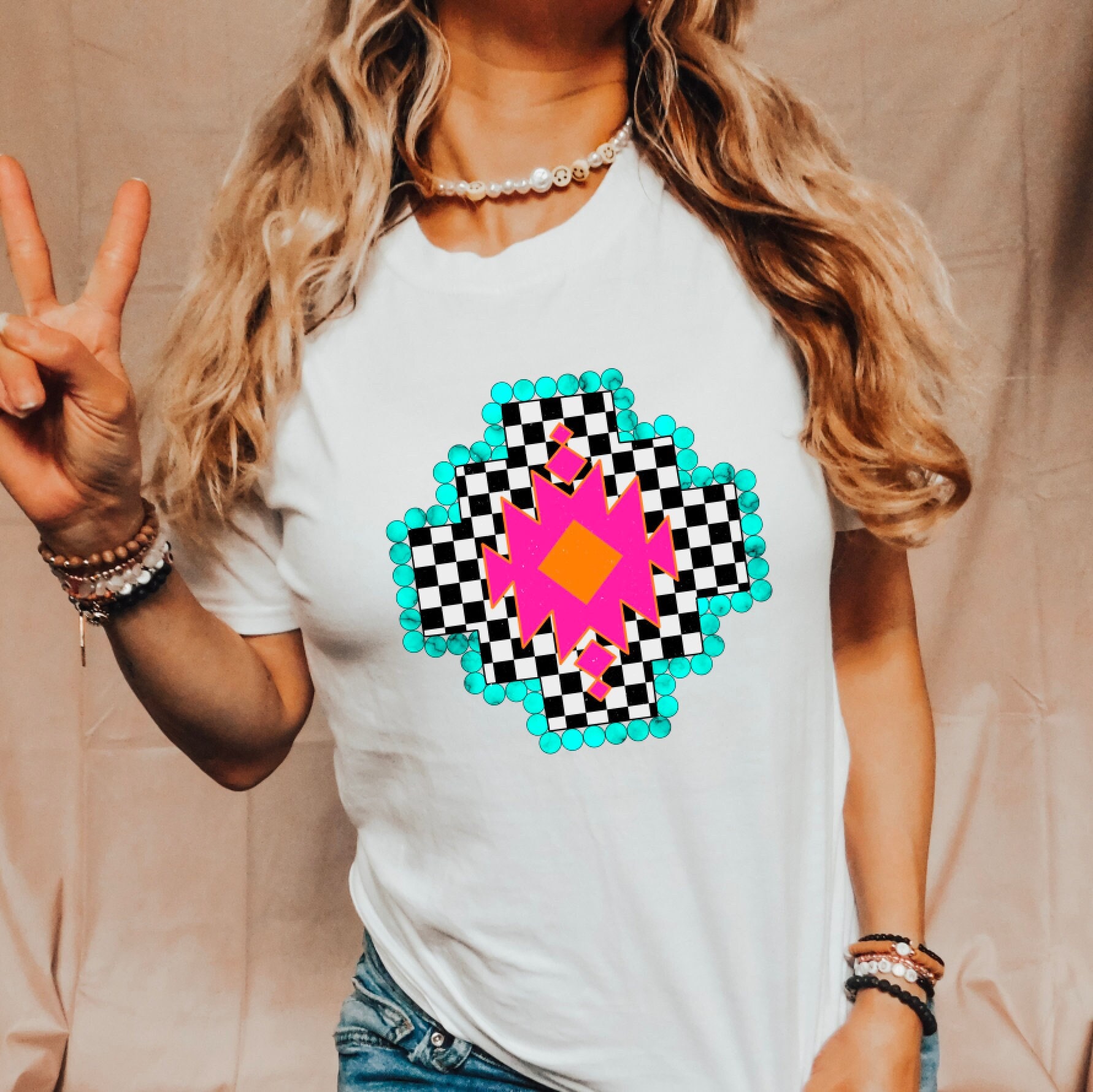 Aztec Neon Turquoise Checker DTF Transfer, Ready to Press - Etsy
