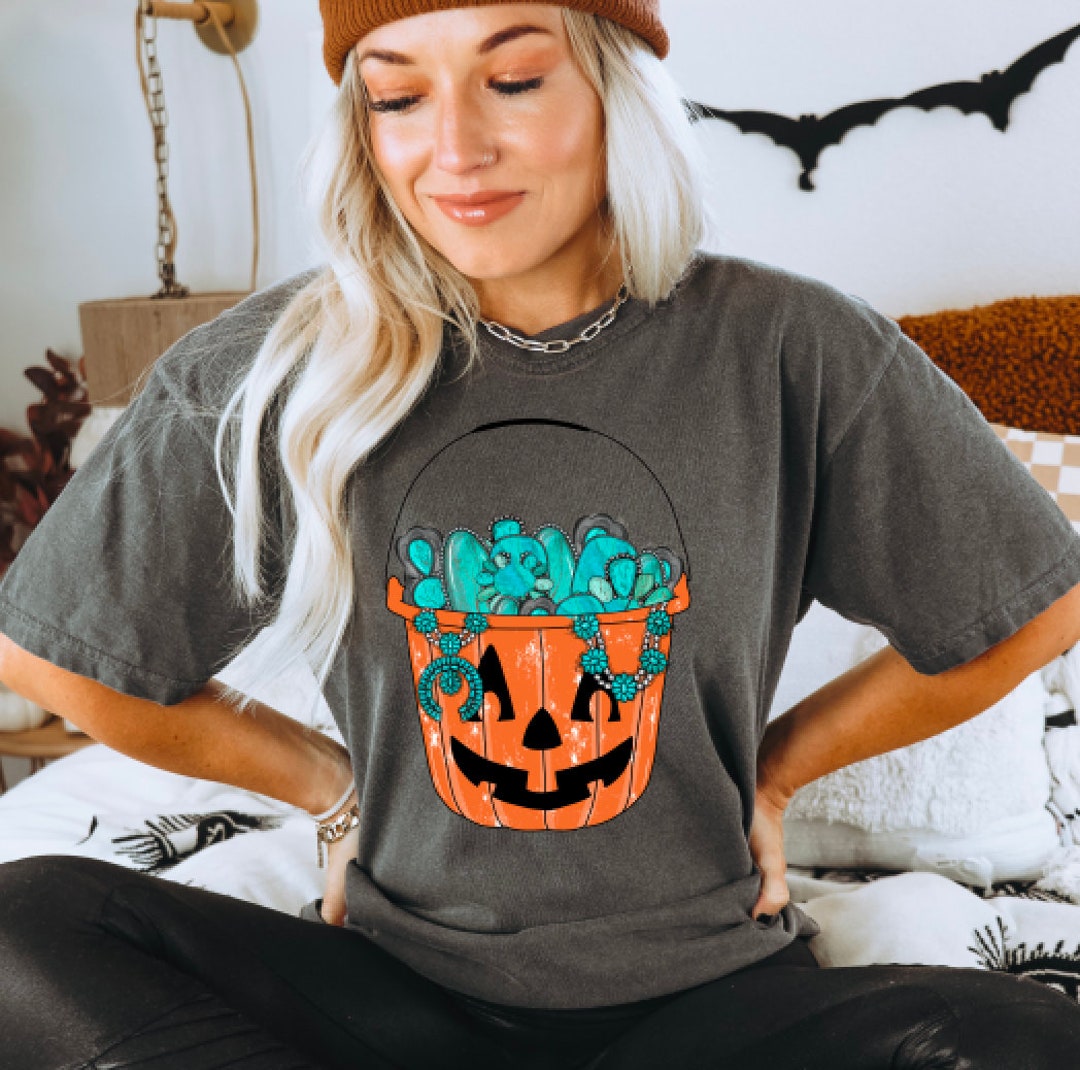 Turquoise Pumpkin Bucket Western Halloween DTF Transfer, Ready to Press ...