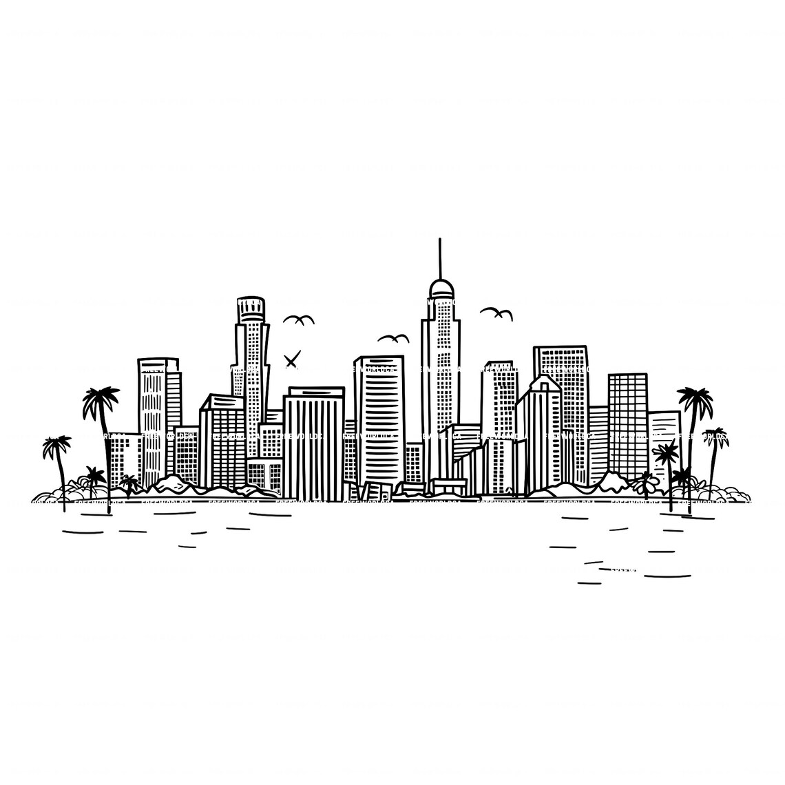 Los Angeles City Vector Black Outlined Art | Urban Landscape ...