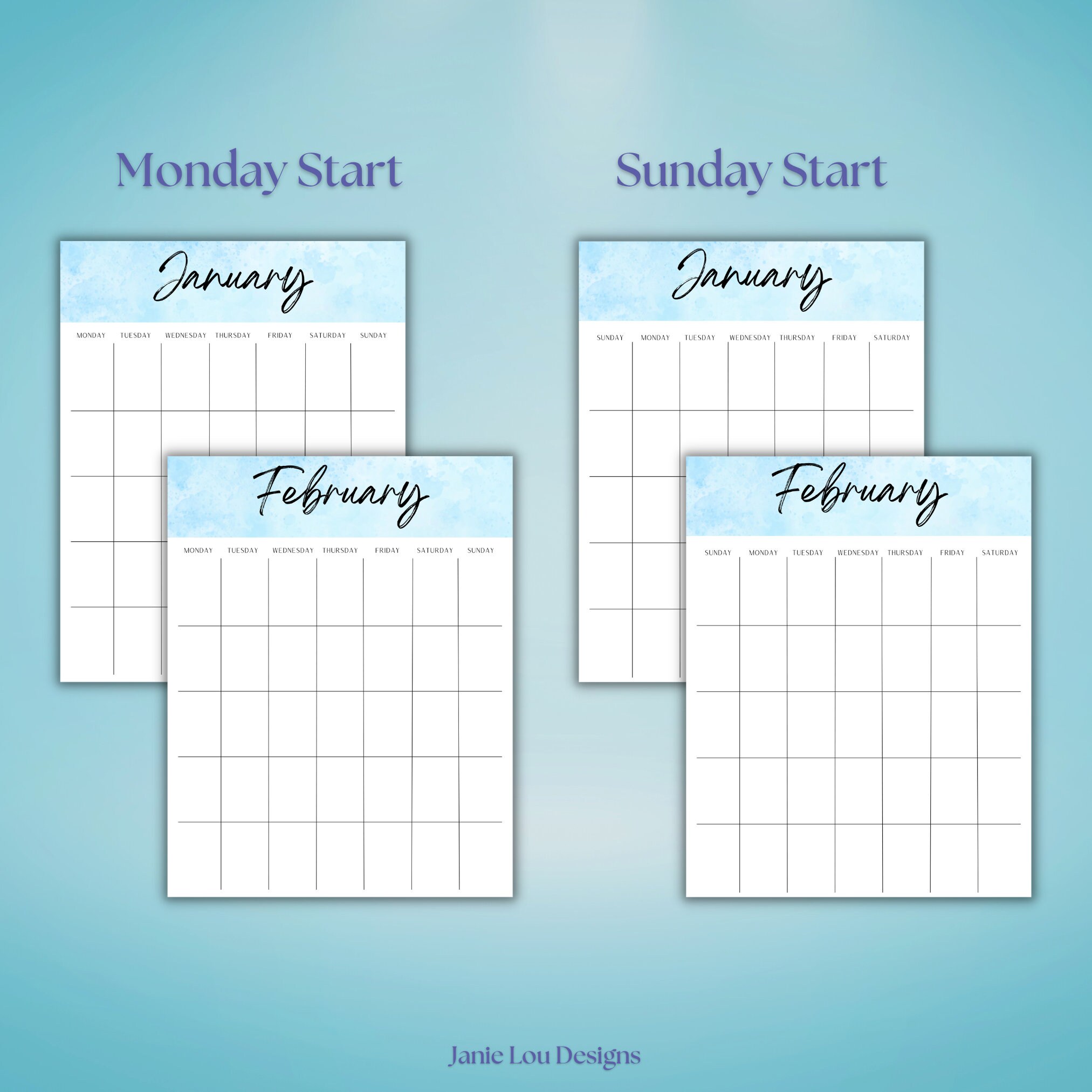Blue Printable Monthly Calendars, Monthly Planners, Monthly Sunday ...