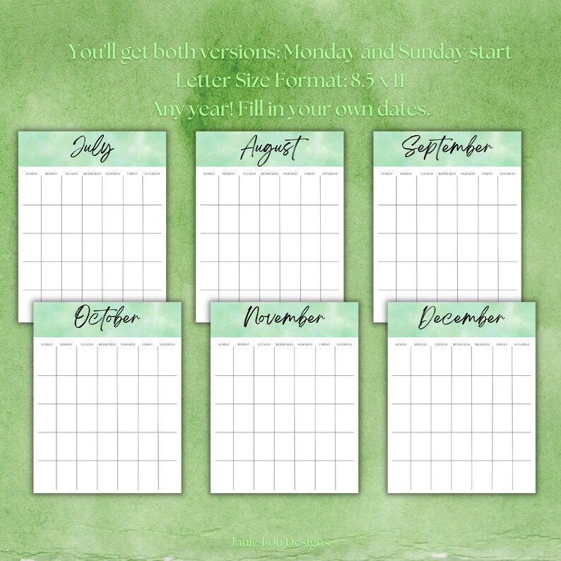 Green Printable Monthly Calendars Monthly Planners Monthly - Etsy