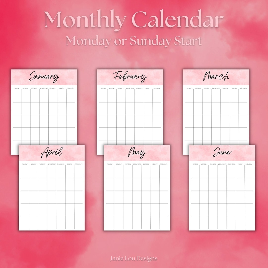 Pink Printable Monthly Calendars, Monthly Planners, Monthly Sunday ...