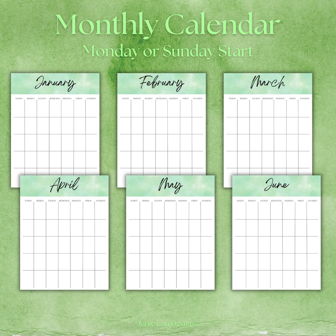 Green Printable Monthly Calendars Monthly Planners Monthly - Etsy