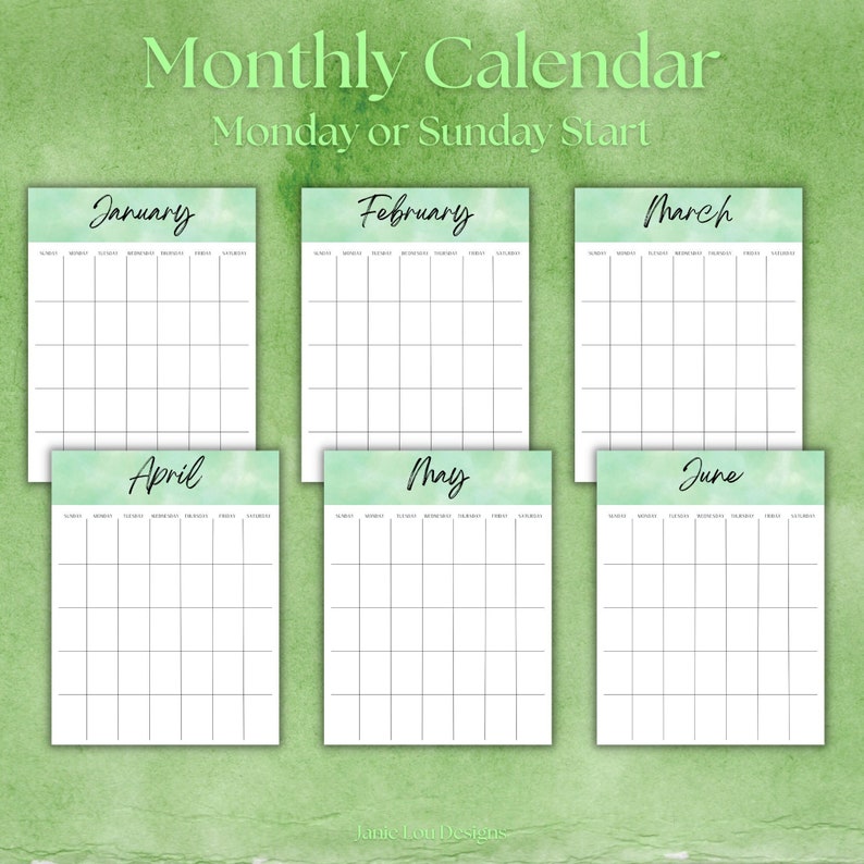 Green Printable Monthly Calendars Monthly Planners Monthly - Etsy