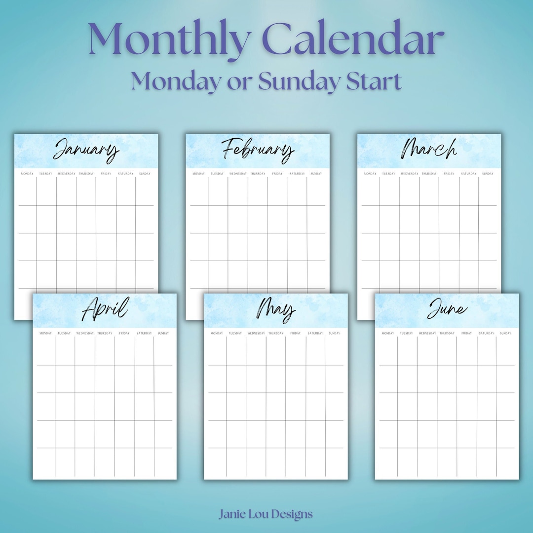 Blue Printable Monthly Calendars, Monthly Planners, Monthly Sunday ...