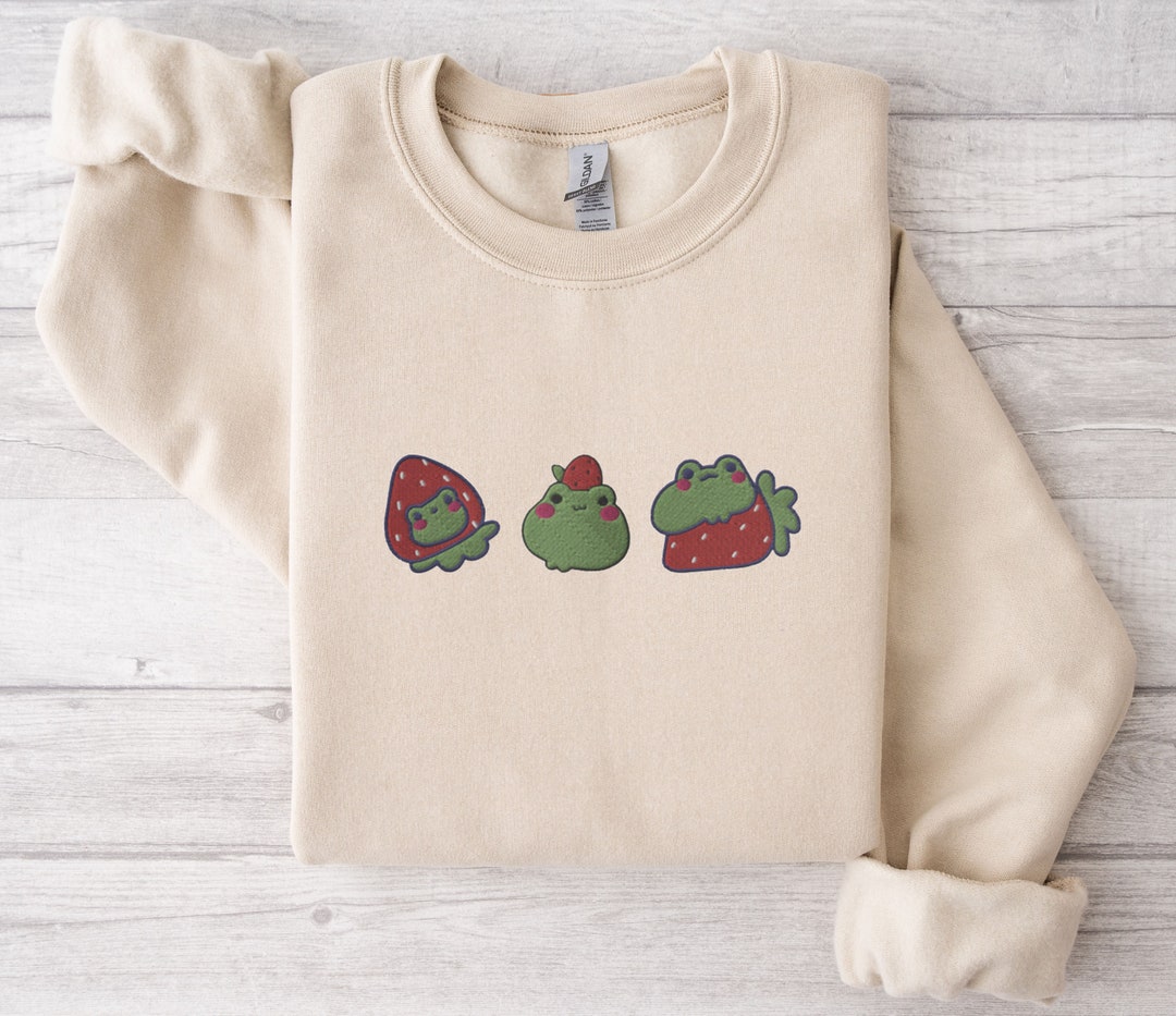 Embroidered Frog Strawberry Sweater Unisex Sweatshirt, Kawaii Sweater ...