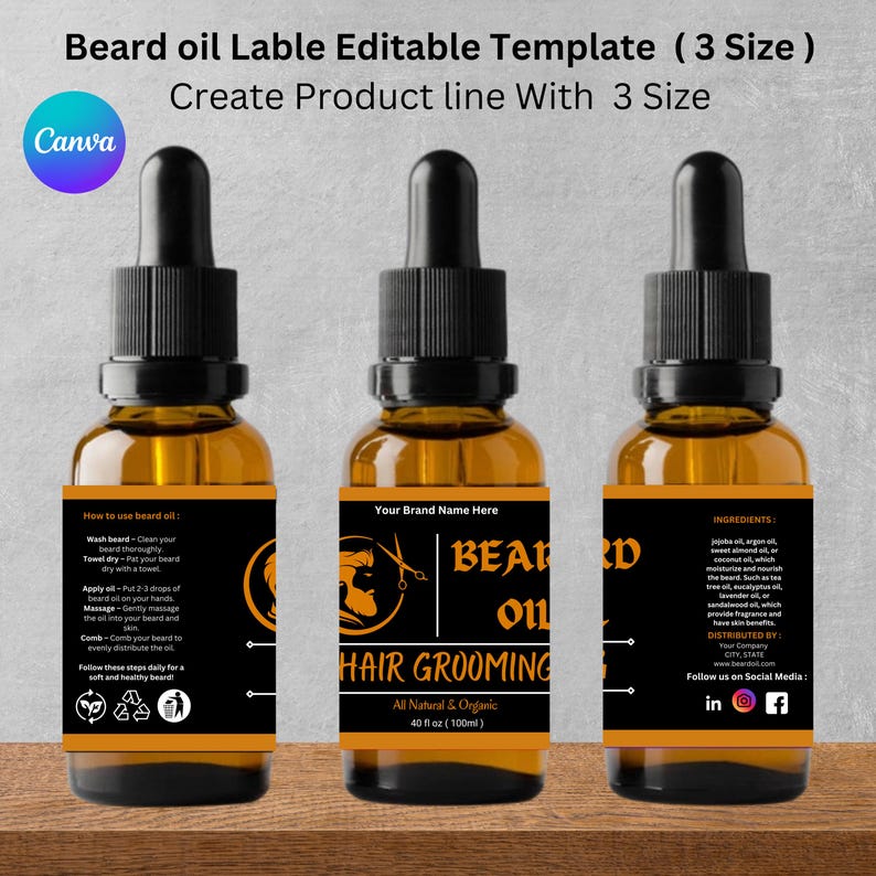 Editable Beard Oil Bottle Label, DIY Essential Oil Template, Beard Hair ...