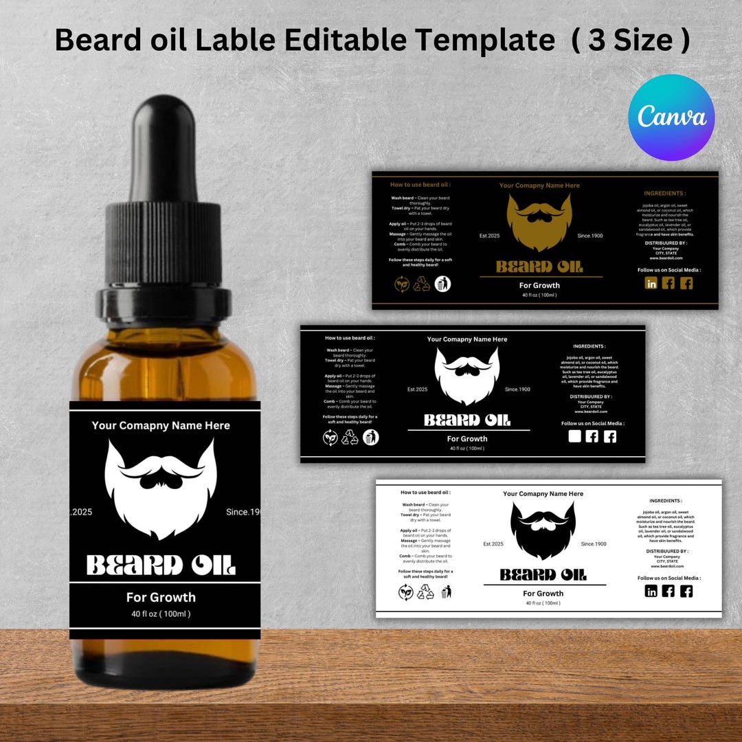 Editable Beard Oil Bottle Label, DIY Essential Oil Template, Beard Hair ...