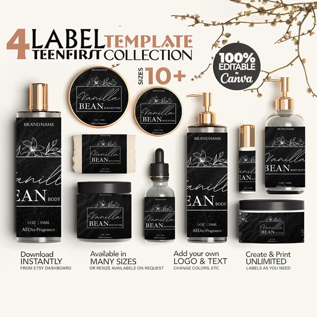Black Editable COSMETIC Labels Body Product Labels DIY Cosmetic Labels ...