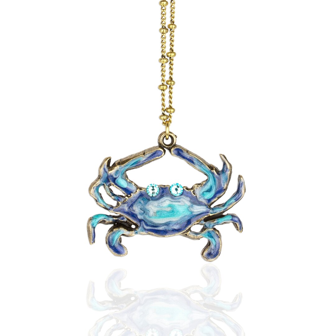 Hand Painted Blue Crab Pendant Necklace With Austrian Crystal Accents ...