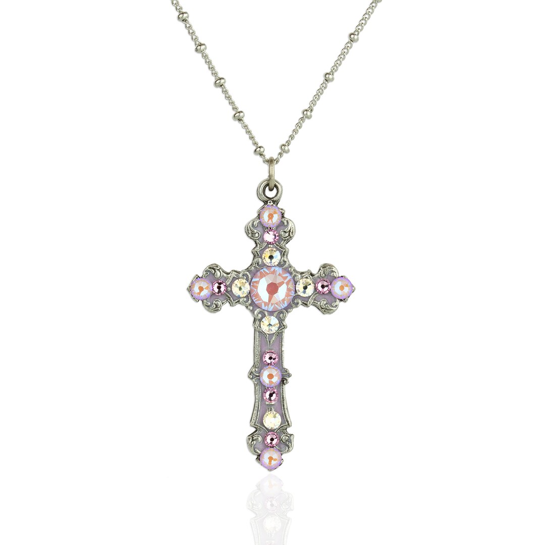 Pale Pink Cross Necklace With Pastel Crystals - Etsy