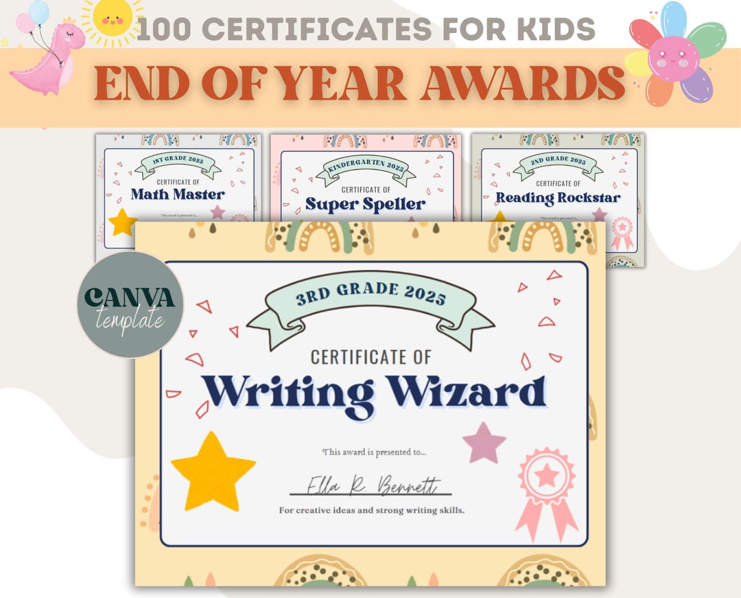 End-of-year Kids Awards – 100 Editable Canva Certificates | Positive ...