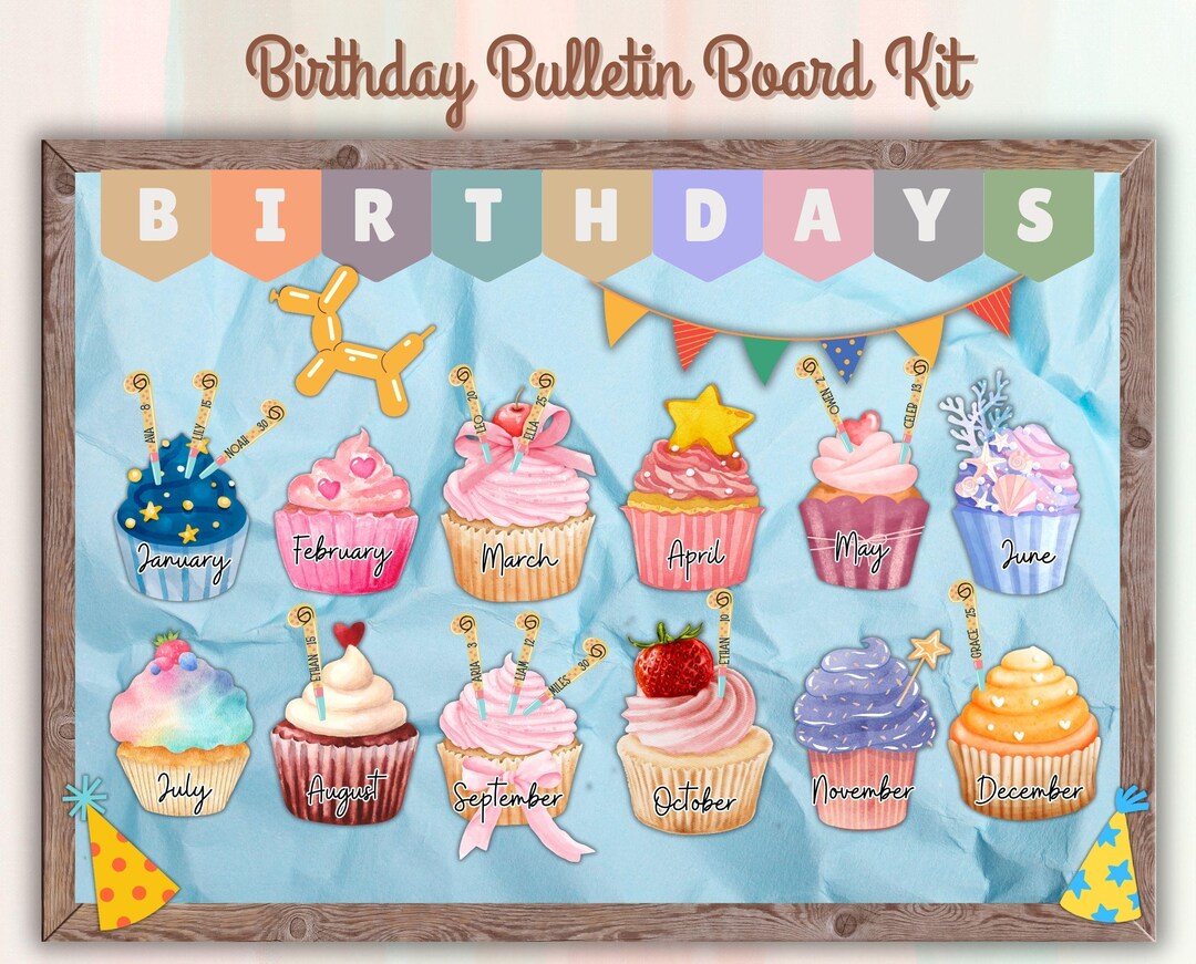 Birthday Bulletin Board Kit | Cupcakes Party Blower Theme | Editable ...
