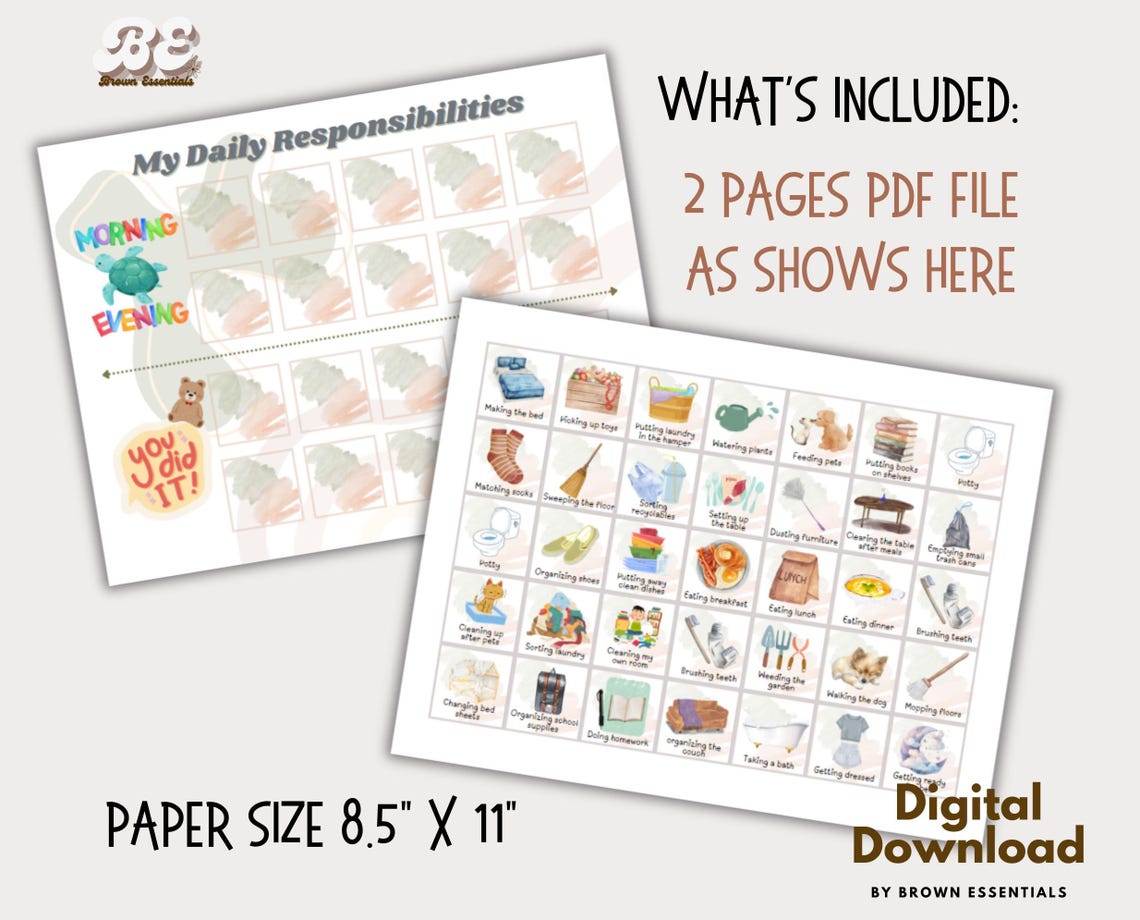 Printable Kids Daily Responsibilities Chart, Chore Checklist, Daily ...