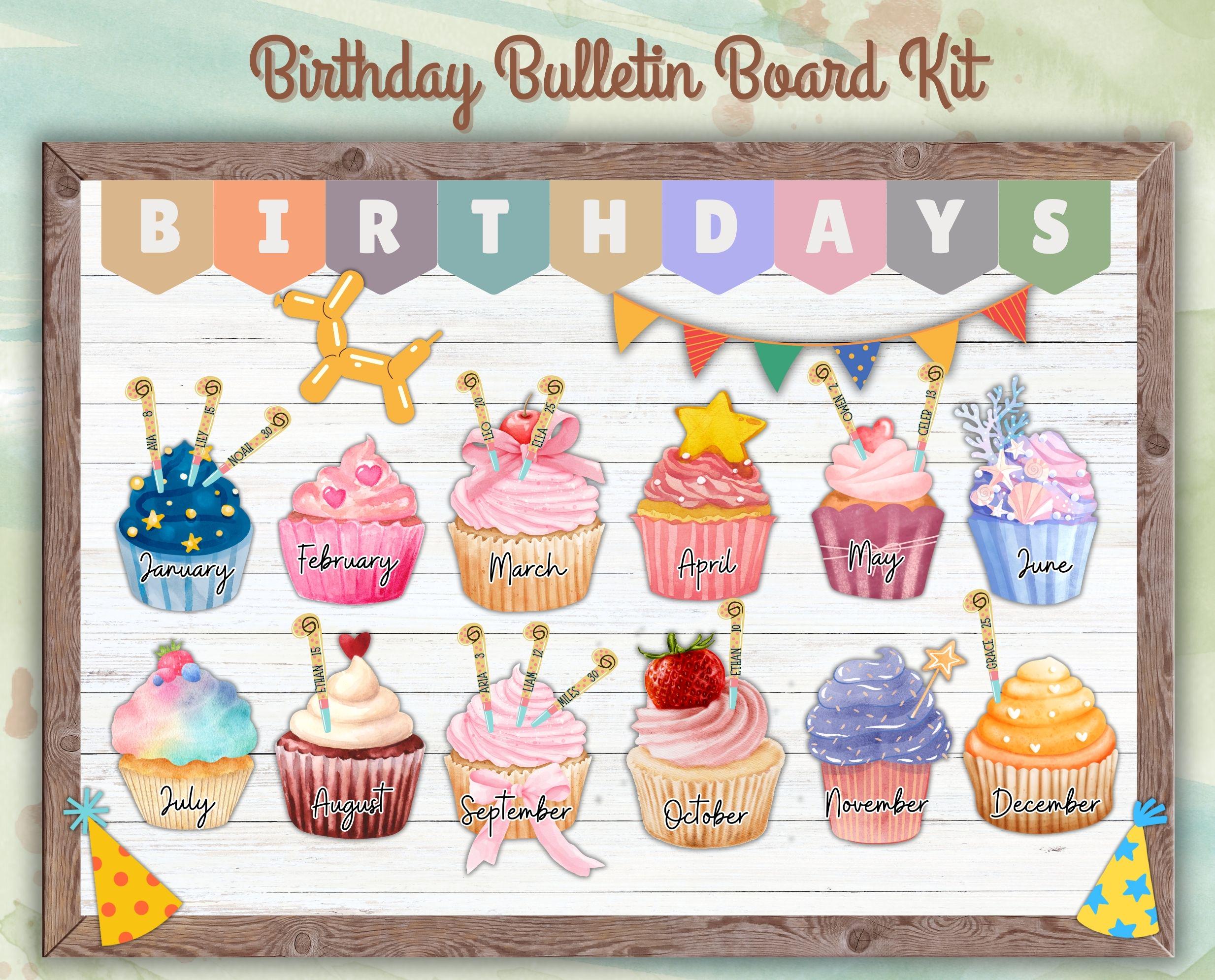 Birthday Bulletin Board Kit | Cupcakes Party Blower Theme | Editable ...