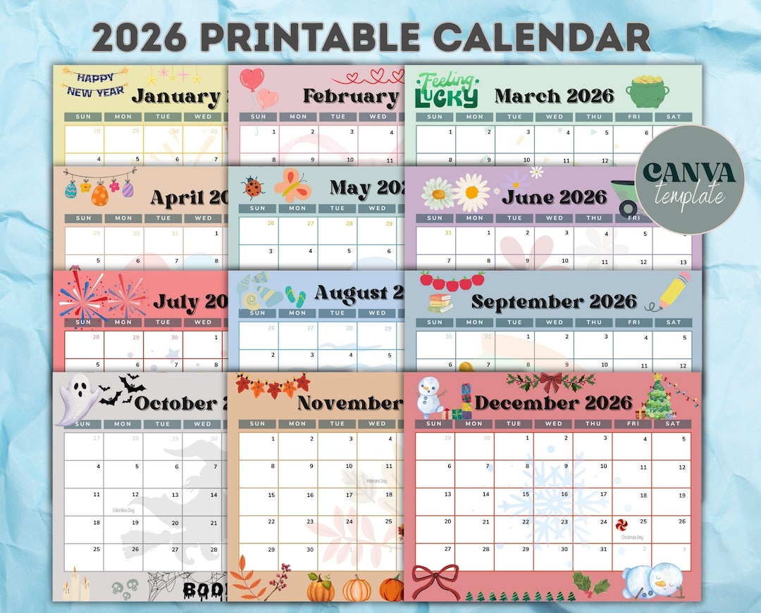 2026 Printable Calendar: Monthly Holiday Themes (PDF & Editable ...
