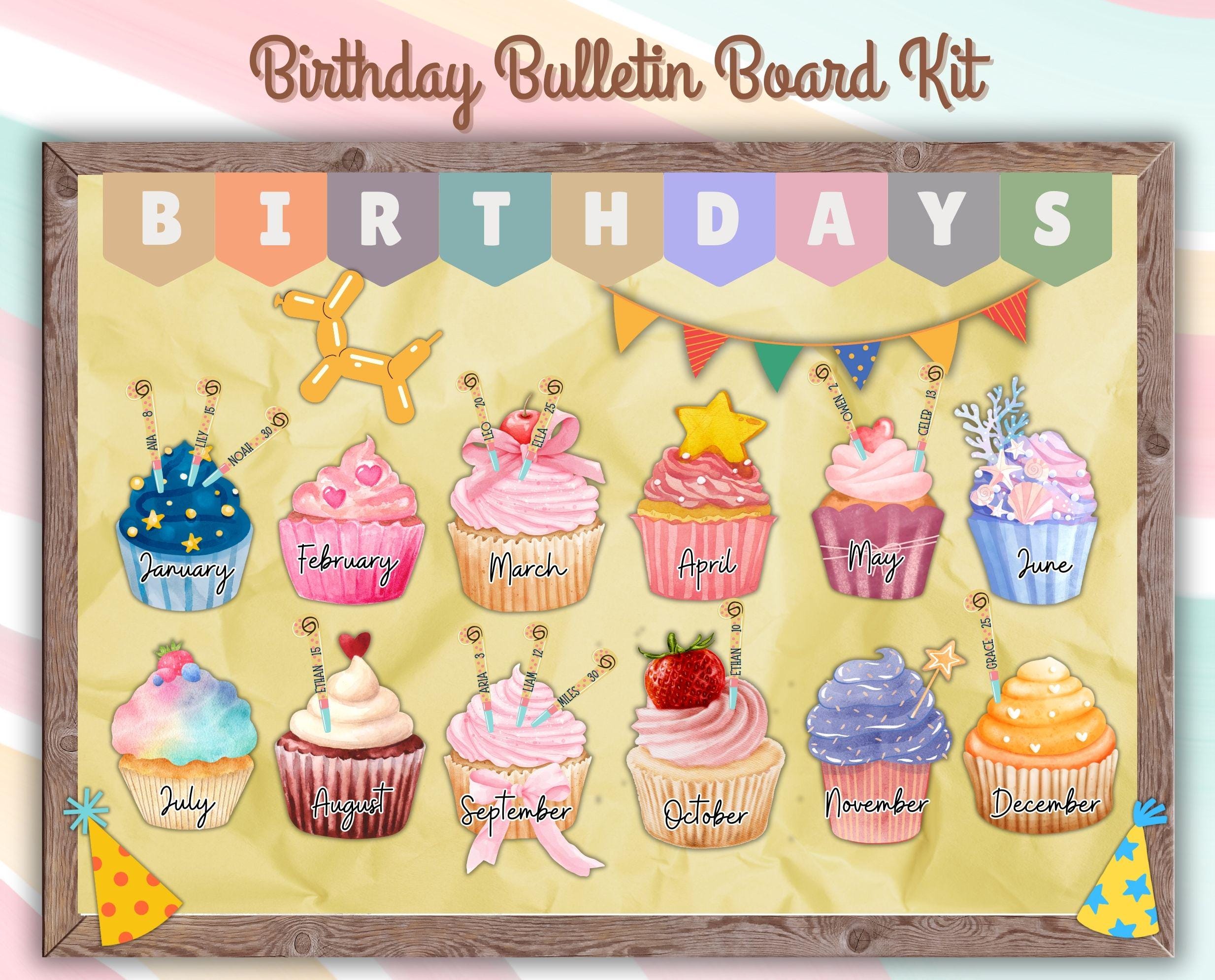 Birthday Bulletin Board Kit | Cupcakes Party Blower Theme | Editable ...