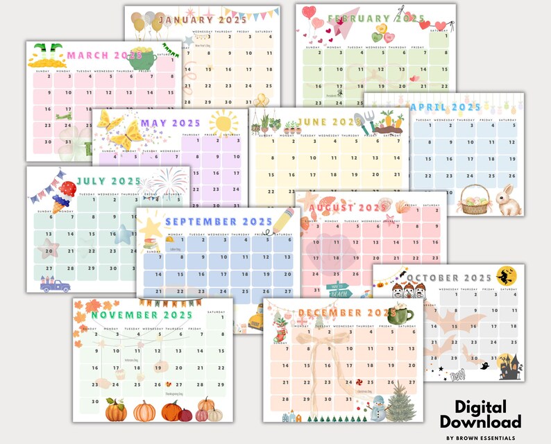 2025 Printable Kids Calendar, Classroom Wall Decor, Seasonal-themed ...