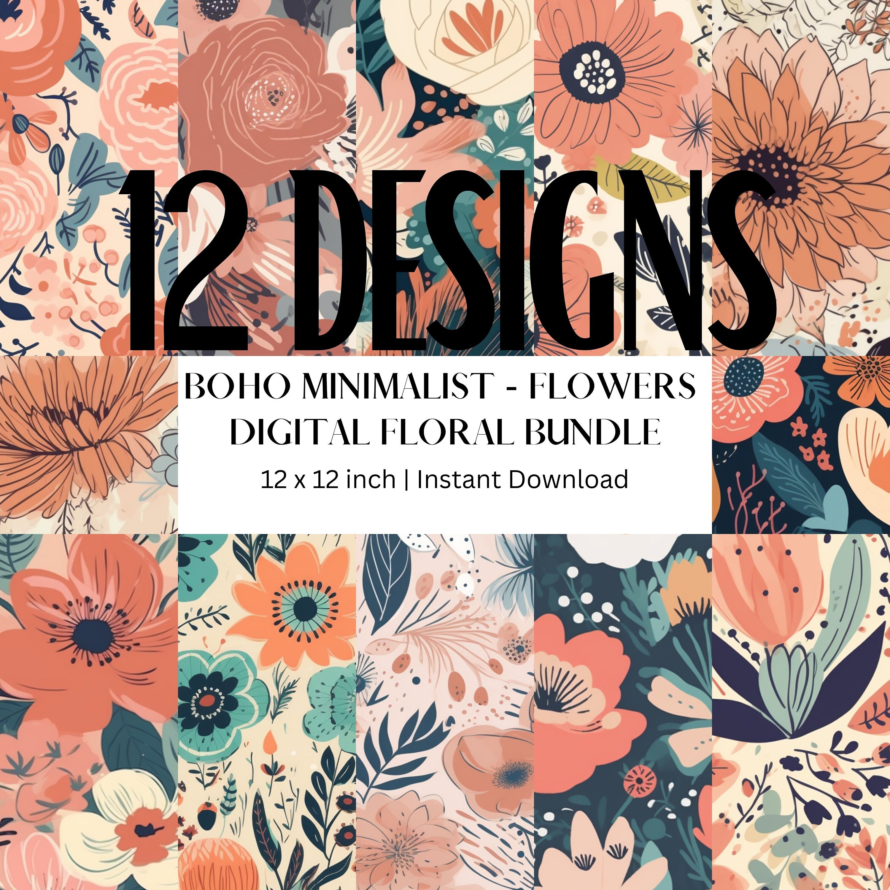 Boho Minimalist Floral Digital Paper Bundle, Muted Floral Paper ...