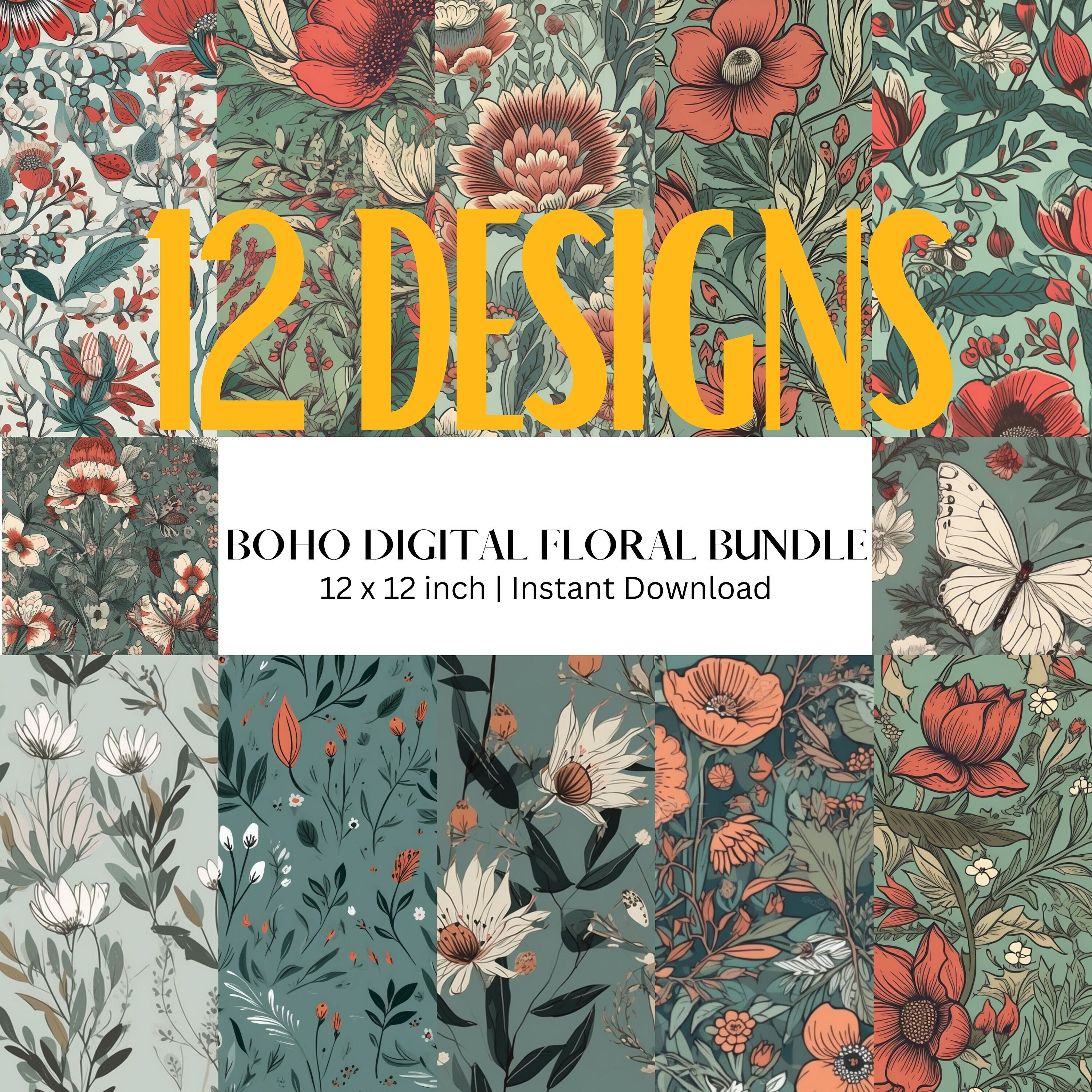 Floral BOHO Digital Papers, Printable Digital Paper, Seamless Pattern ...