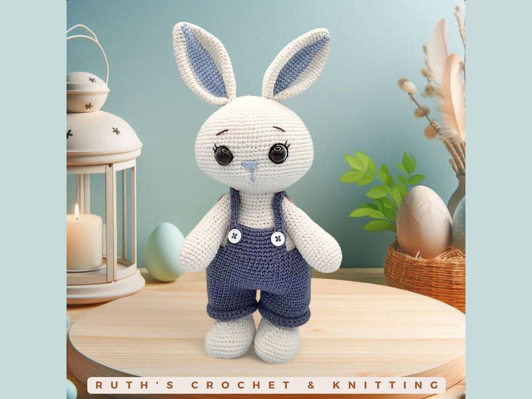 Crochet Bunny With Overalls, Handmade Amigurumi Rabbit Toy, Soft Plush ...