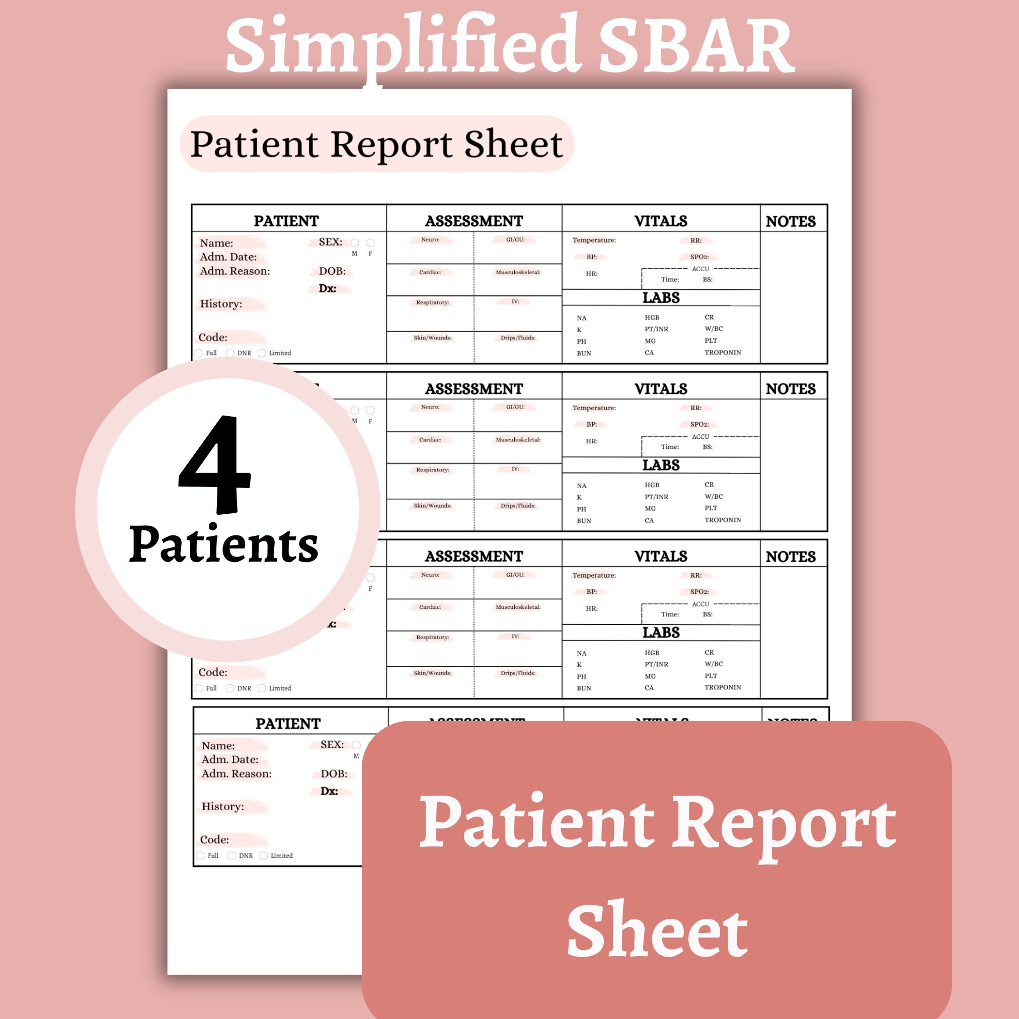 Patient Report Sheet for Nurses, SBAR Report Sheet, Nursing Report ...