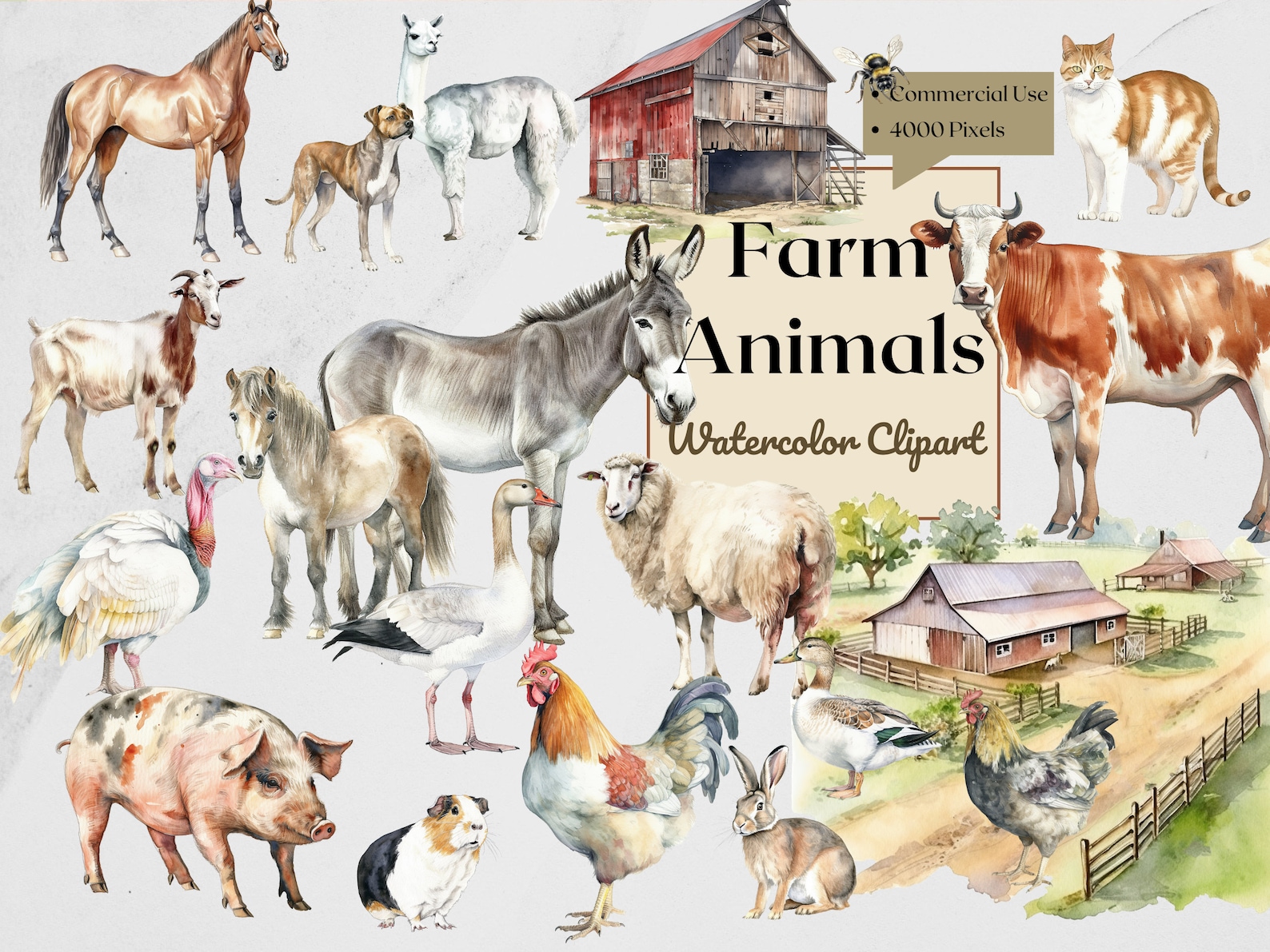 Farm Animals Clipart Watercolor PNG Digital Downloads for Card Making ...