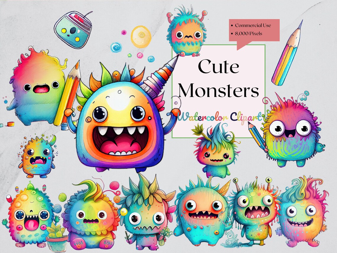 Cute Colorfull Monster Clipart Watercolor PNG Digital Downloads for ...