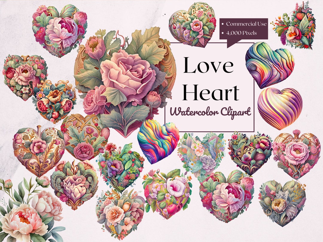 Floral Hear Clipart | Watercolor | PNG Digital Downloads for Card ...