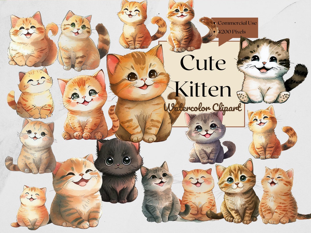 Cute Happy Kitten Clipart | Watercolor | PNG Digital Downloads for Card ...