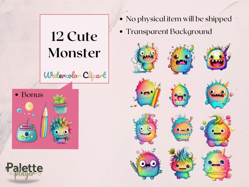 Cute Colorfull Monster Clipart | Watercolor | PNG Digital Downloads for ...