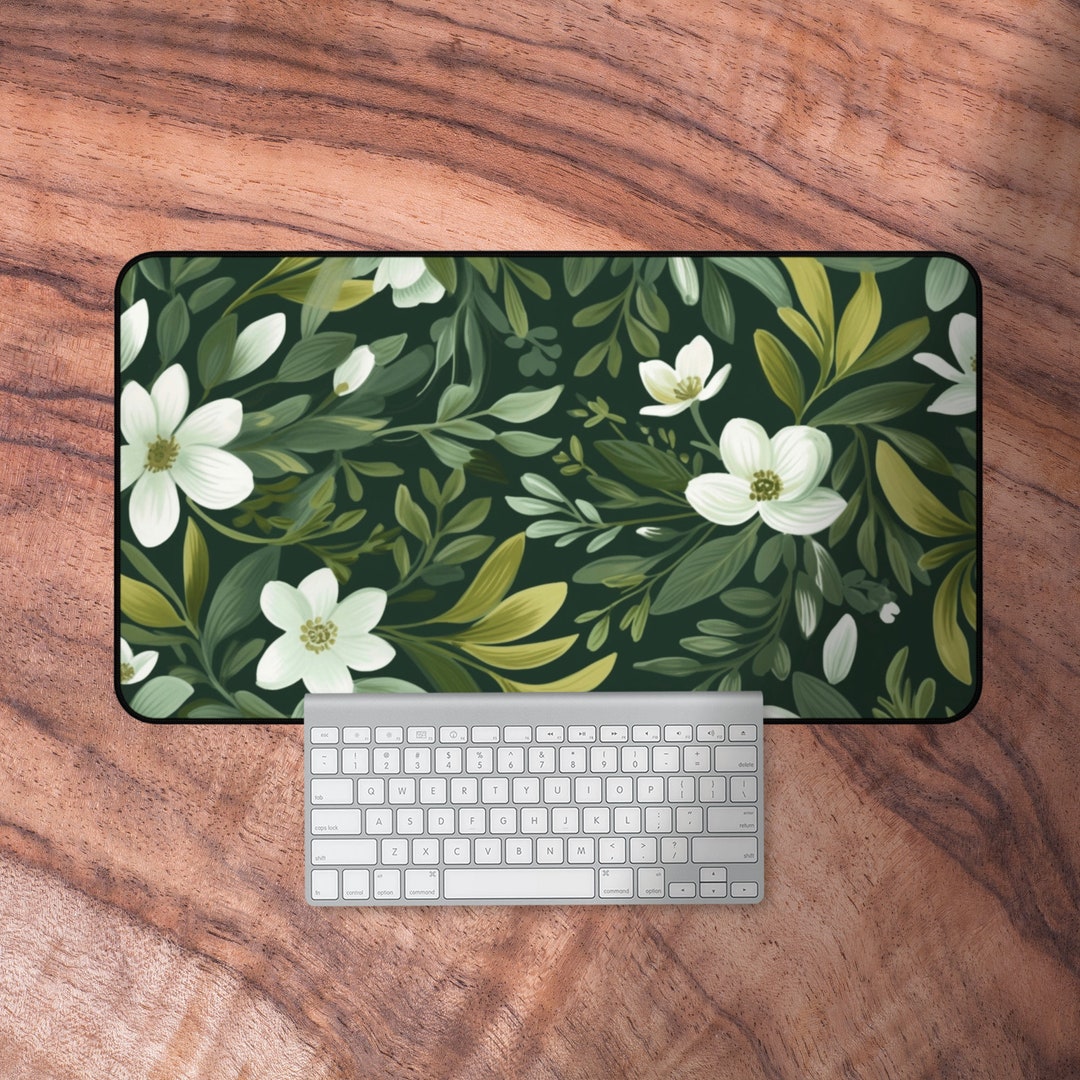 Green Desk Mat, Green Floral Mouse Pad, Flower Gaming Desk Mat, Giant ...