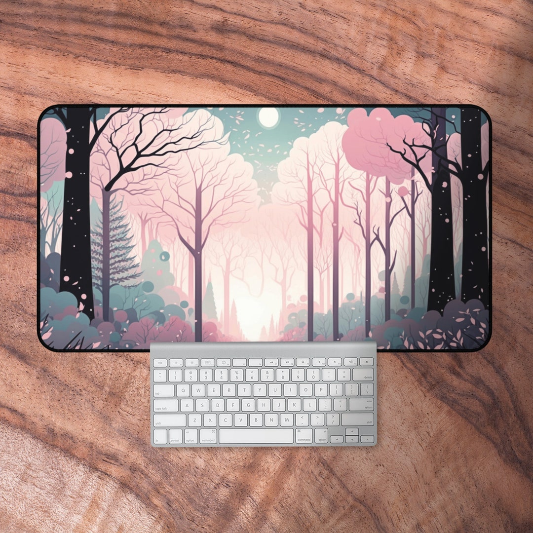 Pink Kawaii Desk Mat, Cute Enchanted Forest Mouse Pad, Mint Green ...