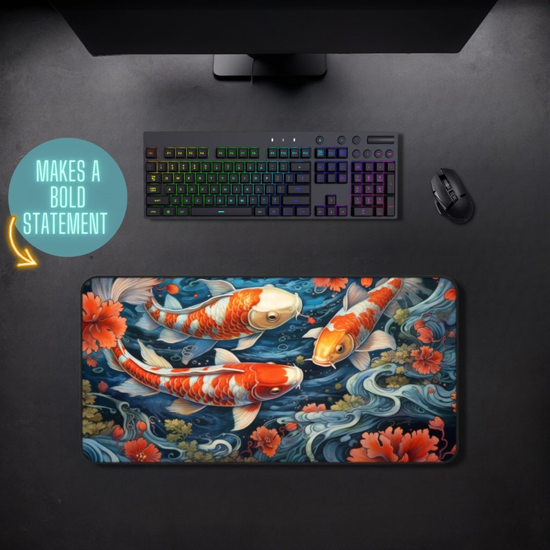 Koi Fish Desk Mat Japanese Gaming Desk Mat Blue Mouse Pad - Etsy