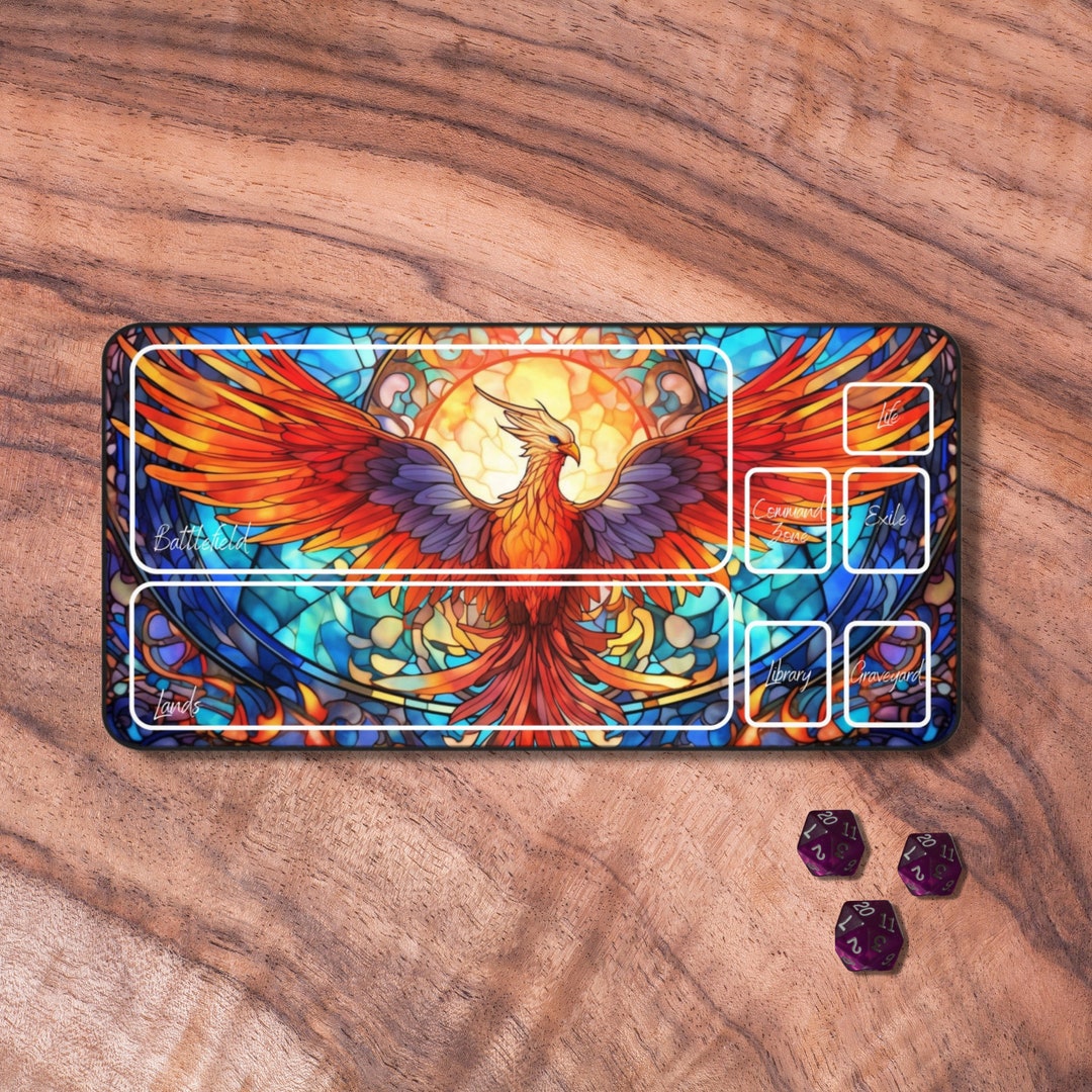 MTG Playmat With Zones, Pheonix Themed TCG Playmat, Stained Glass Card ...