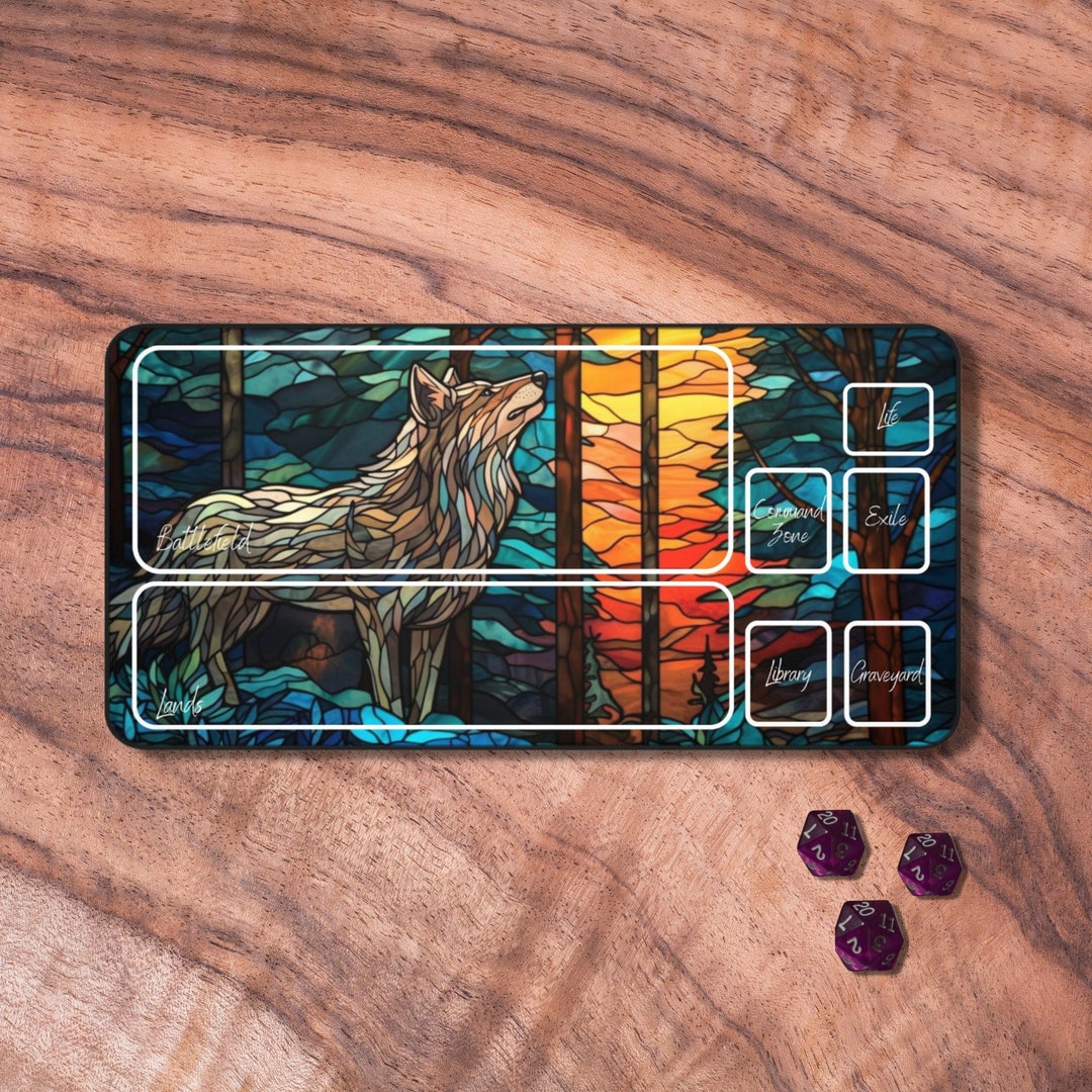 MTG Playmat With Zones, Wolf Themed MTG Playmat, Stained Glass TCG ...