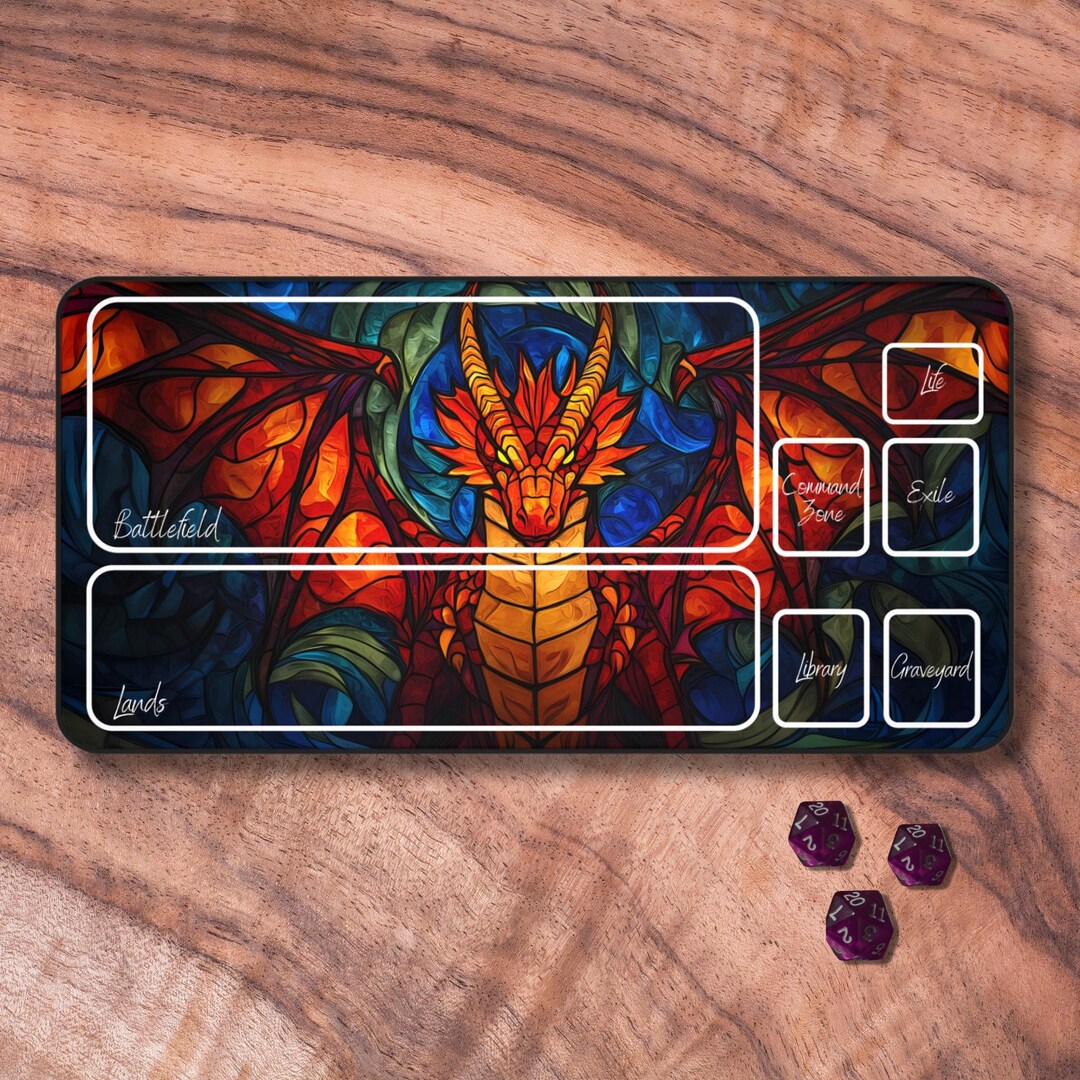 MTG Playmat With Zones, Dragon Themed MTG Playmat, Stained Glass TCG ...