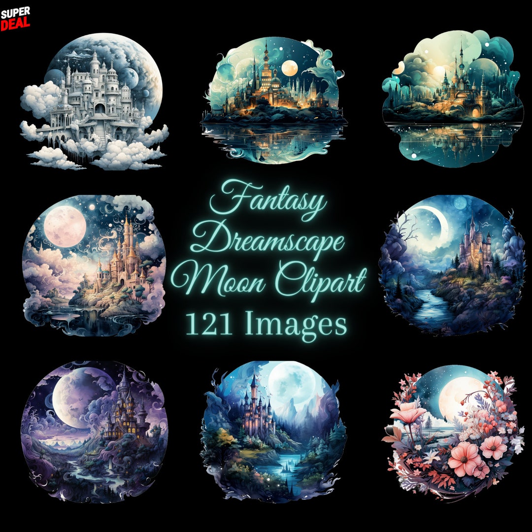 Fantasy Dreamscape Moon With Castle Clipart, PNG Format Instant ...