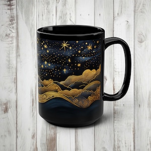 Whimsical Art Deco Night Sky Mug Gift for Her Dreamy 15oz Black Coffee ...