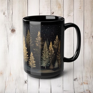 Winter Forest Mug Gift Whimsical Vintage Art Fall Trees 15oz Black ...