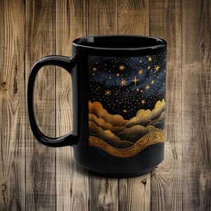 Whimsical Art Deco Night Sky Mug Gift for Her Dreamy 15oz Black Coffee ...