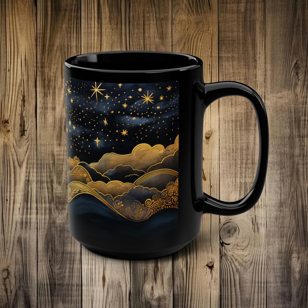 Whimsical Art Deco Night Sky Mug Gift for Her Dreamy 15oz Black Coffee ...