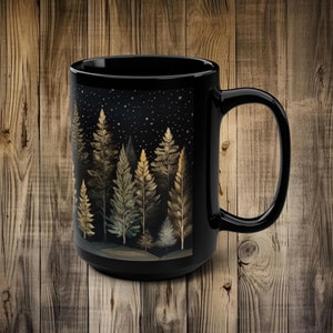 Winter Forest Mug Gift Whimsical Vintage Art Fall Trees 15oz Black ...