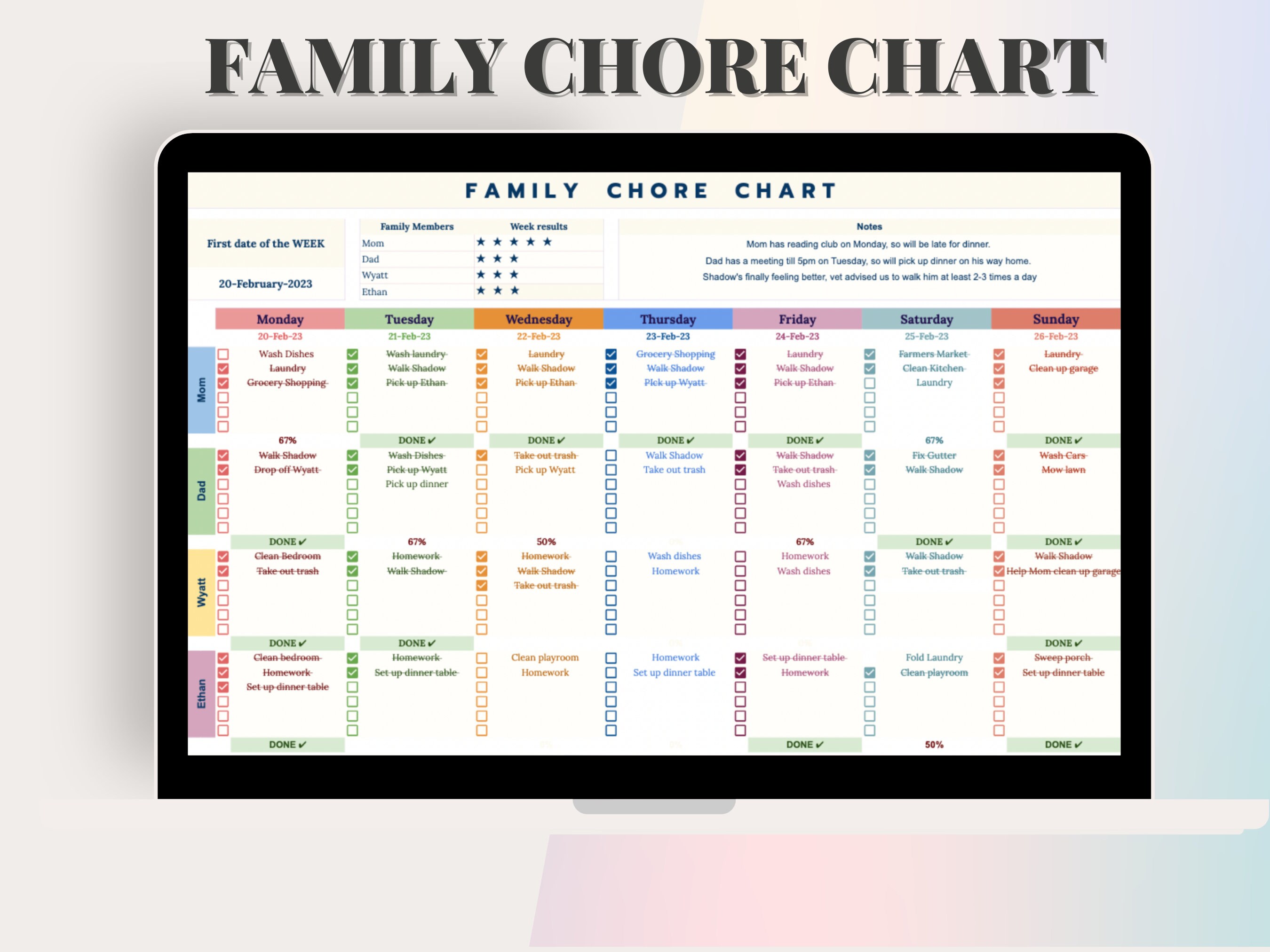 Rainbow Family Chore Chart Google Sheet, Editable Printable Spreadsheet ...