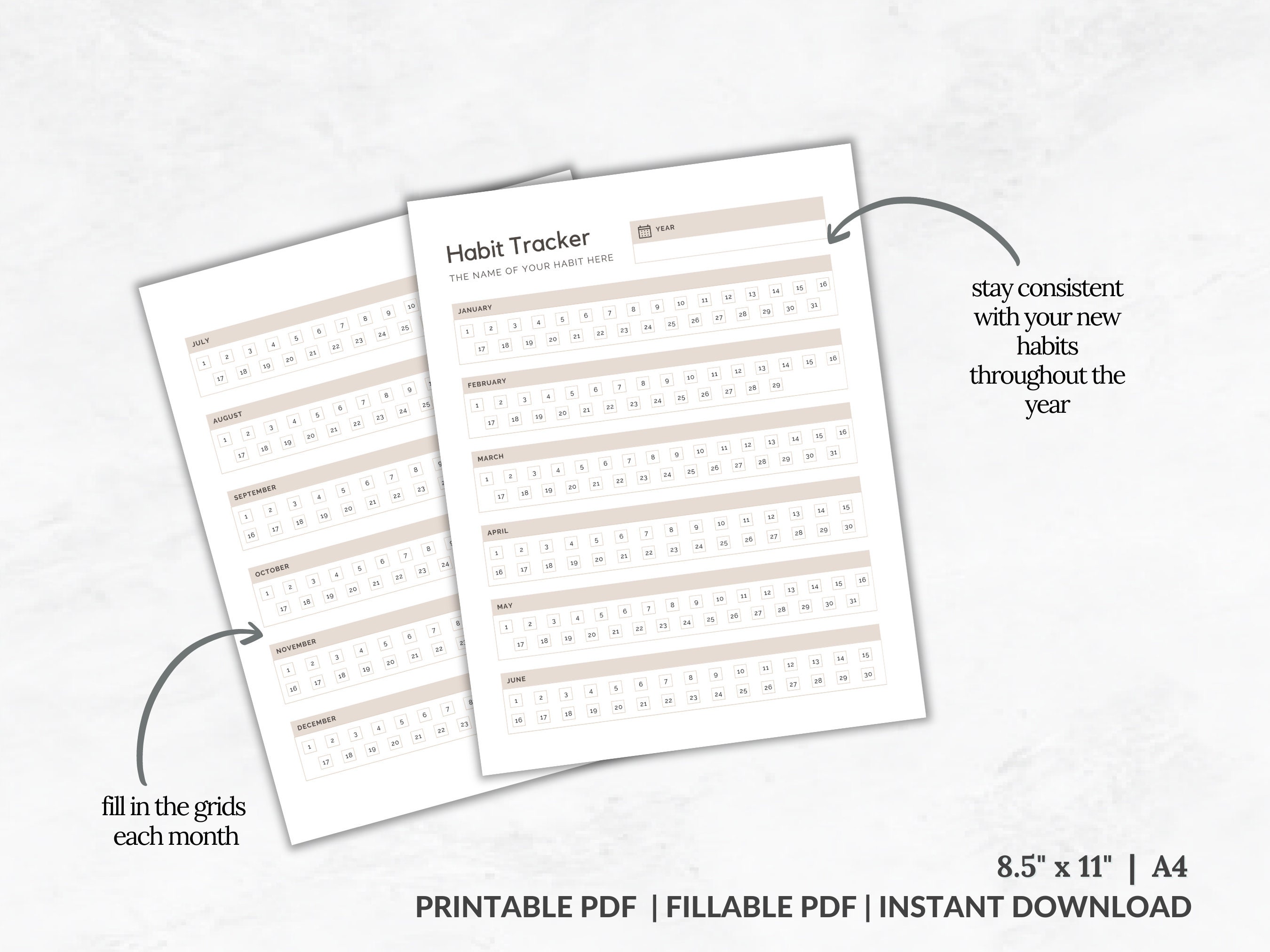 Yearly Habit Tracker, Printable Editable PDF, Self Care, Stay Motivated ...