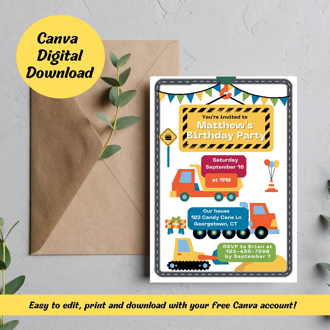 Trucks Construction Vehicles Birthday Party Invitation Instant Download ...